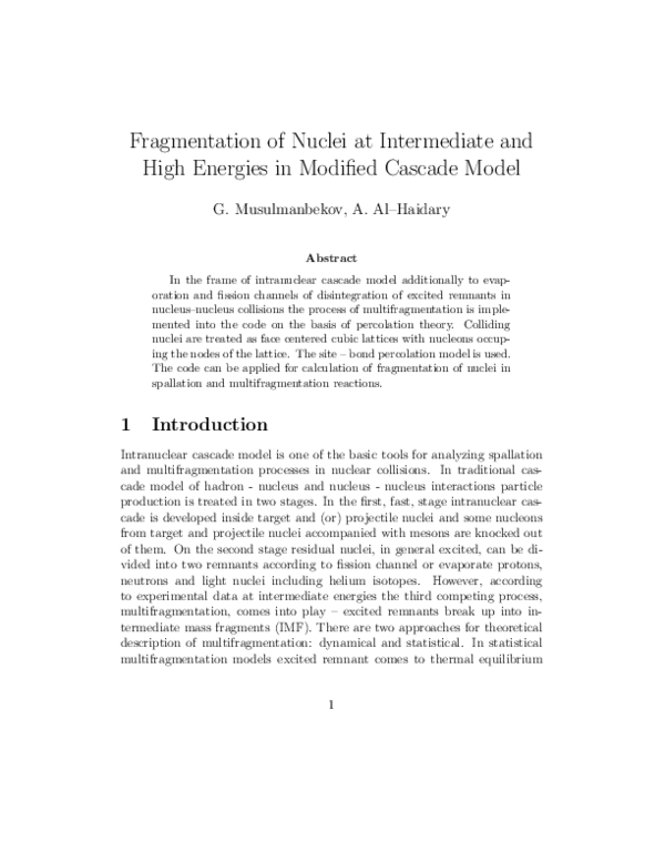 (PDF) Nuclear Fragmentation in Cascade Model