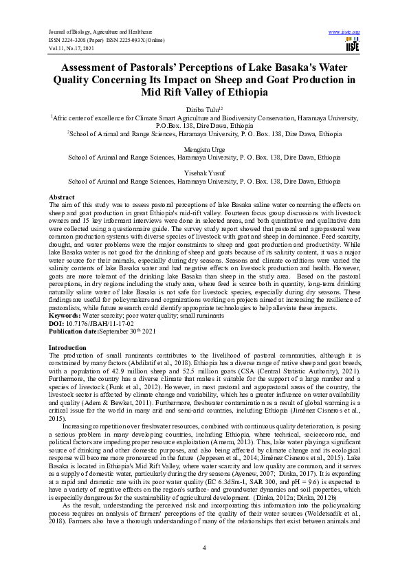 (PDF) Assessment of Pastorals’ Perceptions of Lake Basaka's Water ...