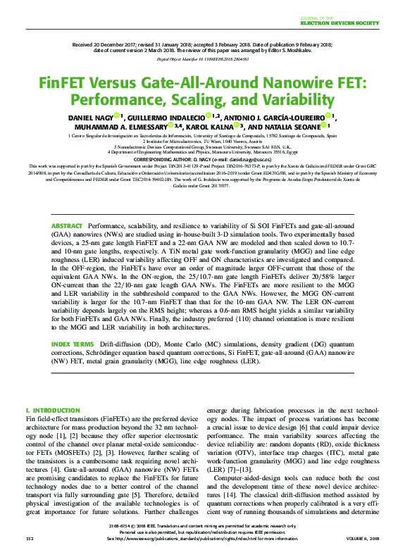 (PDF) FinFET Versus Gate-All-Around Nanowire FET: Performance, Scaling, and Variability