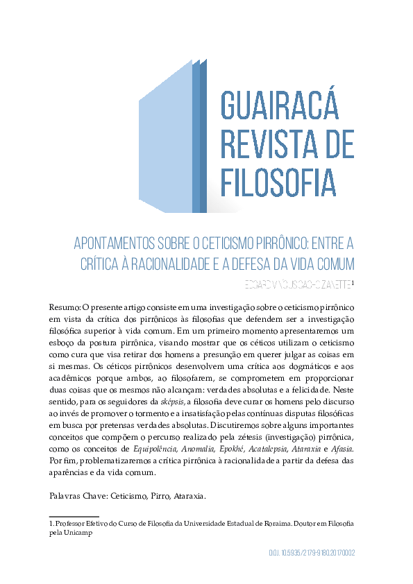 (PDF) Apontamentos sobre o Ceticismo Pirrônico: Entre a crítica à ...