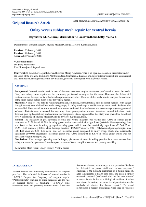 (PDF) Onlay versus sublay mesh repair for ventral hernia