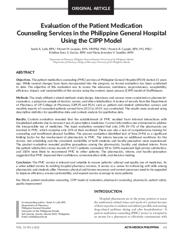 (PDF) Evaluation of the Patient Medication Counseling Services in the ...