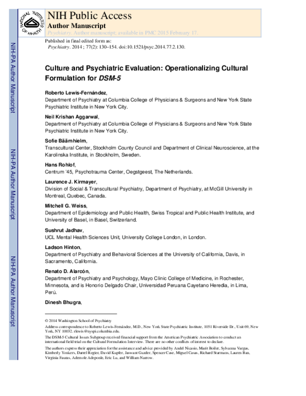 (PDF) Culture and psychiatric evaluation: operationalizing cultural ...