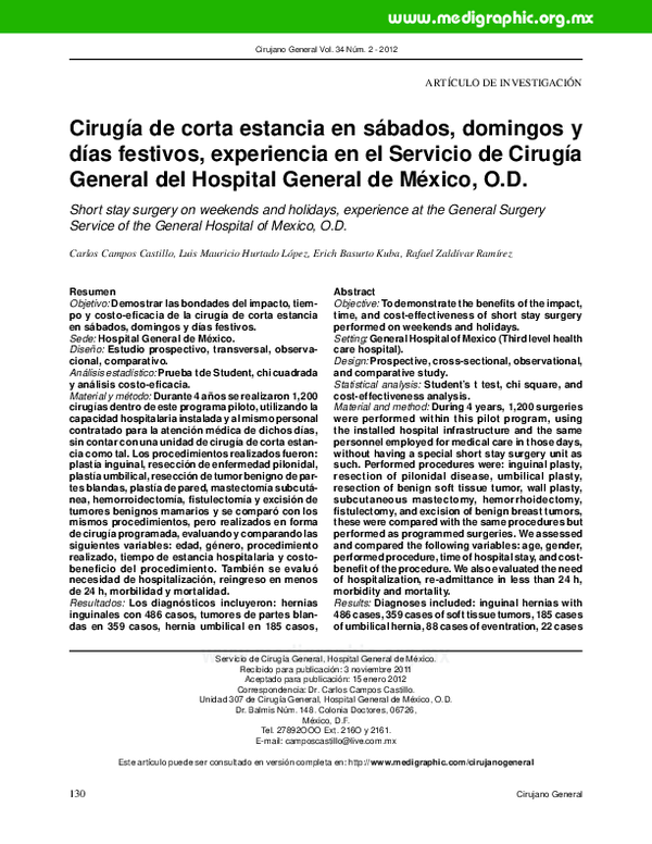 Short stay surgery on weekends and holidays, experience at the General ...