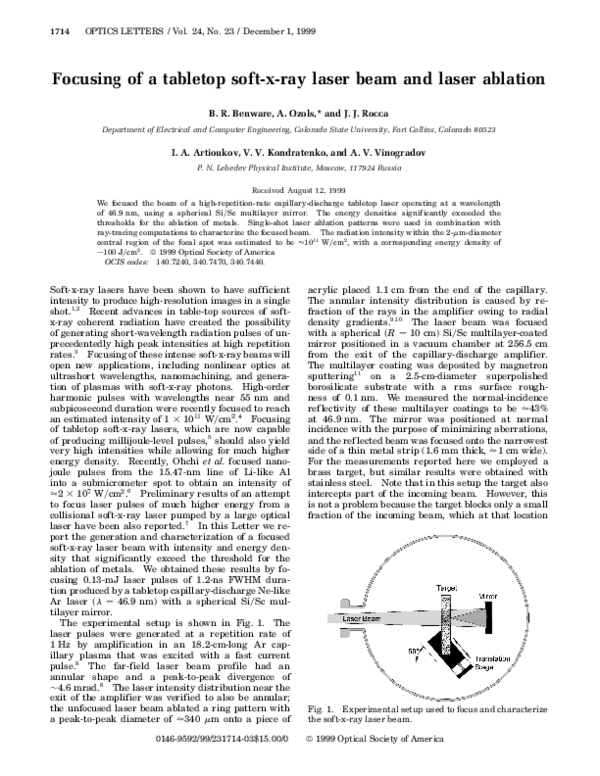 (PDF) Focusing of a tabletop soft-x-ray laser beam and laser ablation