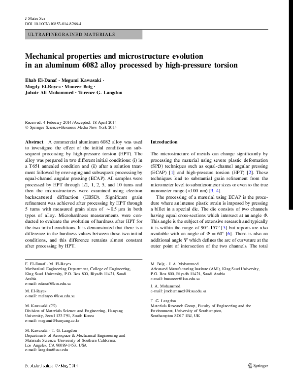 (PDF) Mechanical properties and microstructure evolution in an aluminum 6082 alloy processed by ...