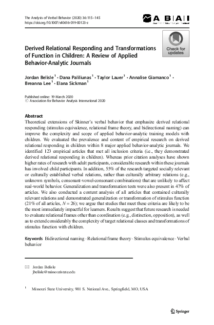 (PDF) Derived Relational Responding and Transformations of Function in ...