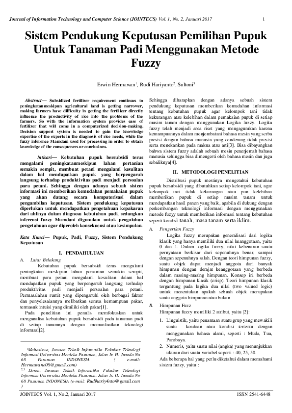 (PDF) Sistem Pendukung Keputusan Pemilihan Pupuk Untuk Tanaman Padi Menggunakan Metode Fuzzy