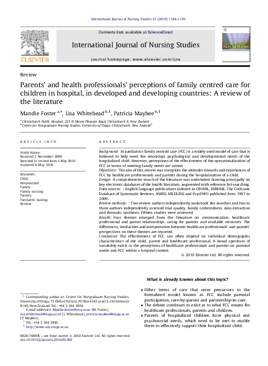 (PDF) Parents’ and health professionals’ perceptions of family centred care for children in ...