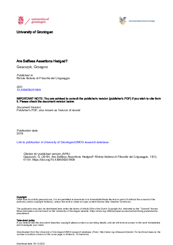 (PDF) Are Selfless Assertions Hedged