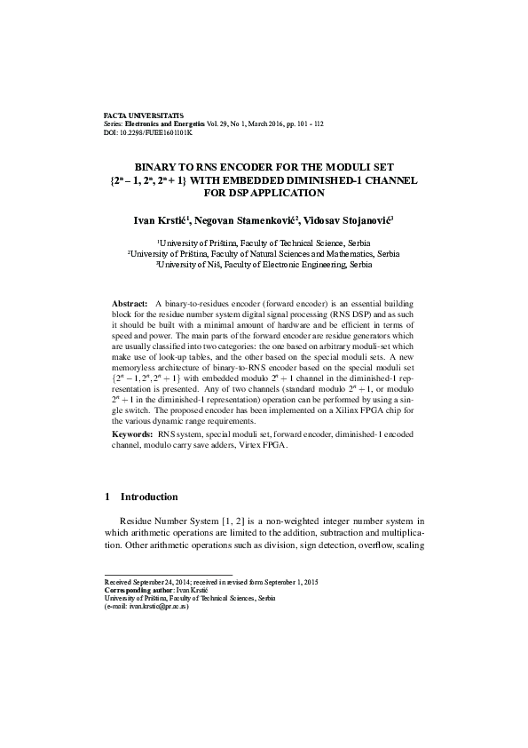 Pdf Binary To Rns Encoder For The Moduli Set 2n 1 2n 2n1 With