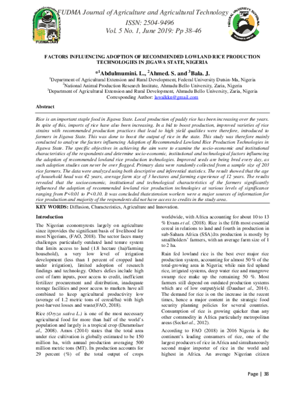 (PDF) Factors Influencing Adoption of Recommended Lowland Rice Production Technologies in Jigawa ...