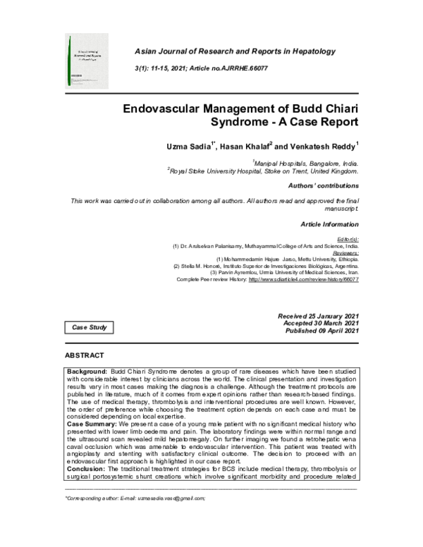 (PDF) Endovascular Management of Budd Chiari Syndrome-A Case Report