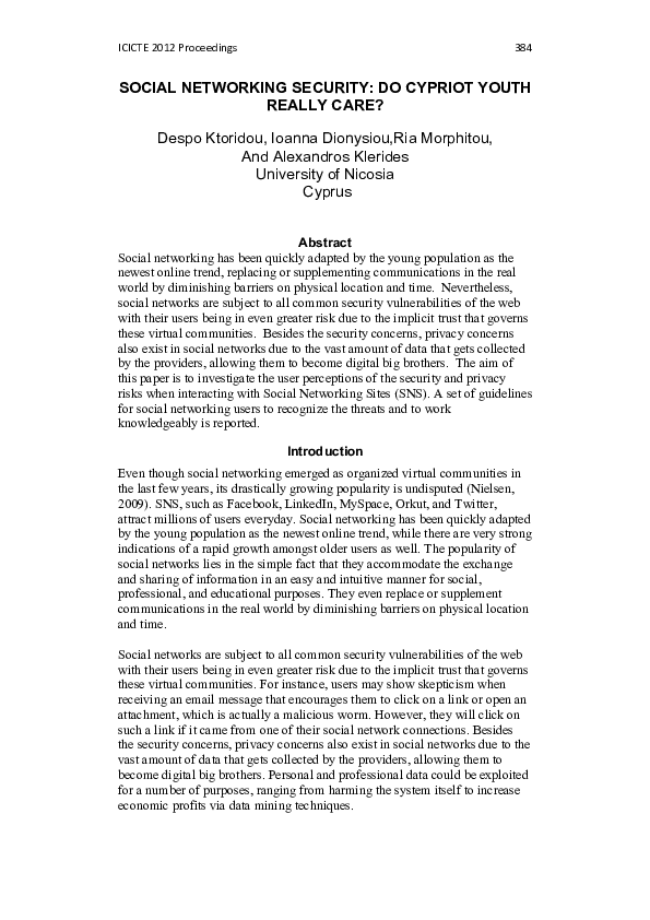 (PDF) Social Networking Security: Do Cypriot Youth Really Care?