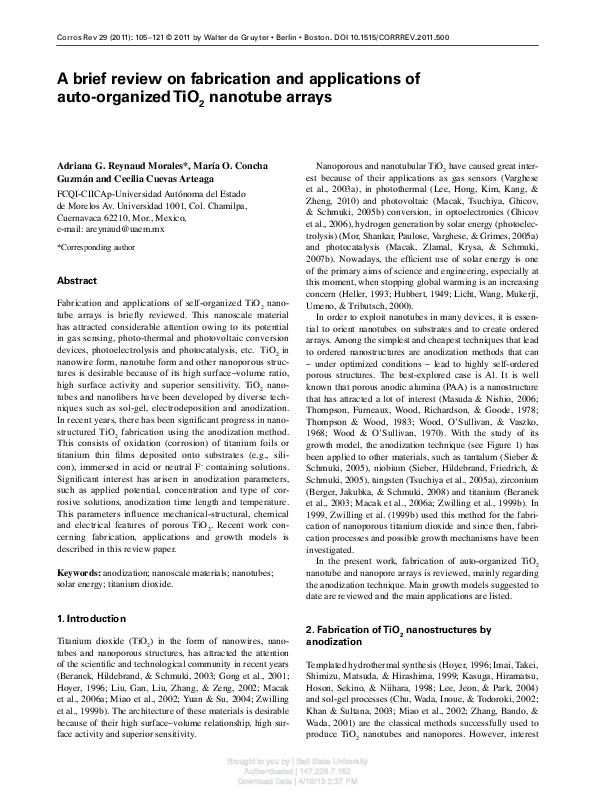 Pdf A Brief Review On Fabrication And Applications Of Auto Organized Tio2 Nanotube Arrays
