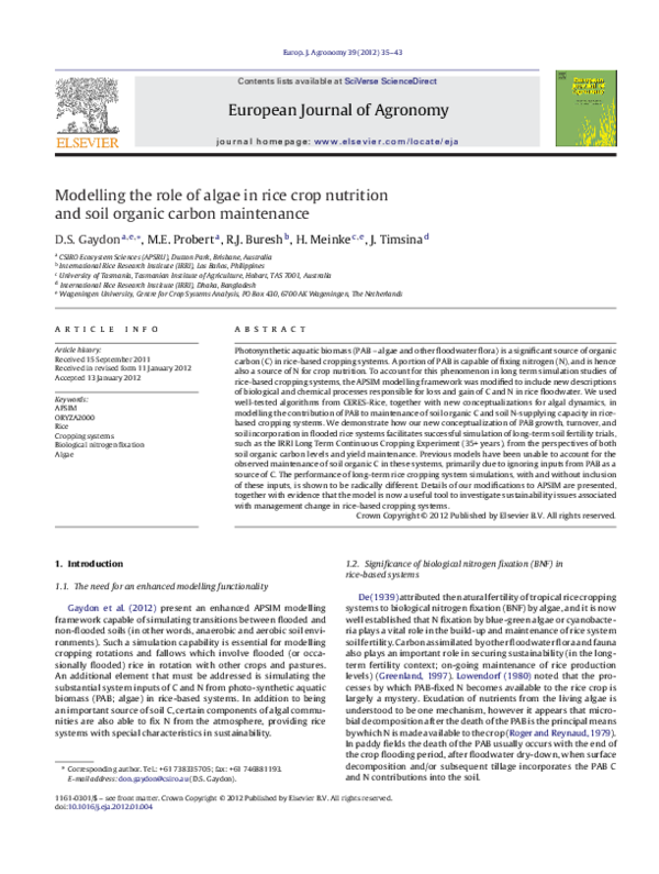 (PDF) Modelling the role of algae in rice crop nutrition and soil ...