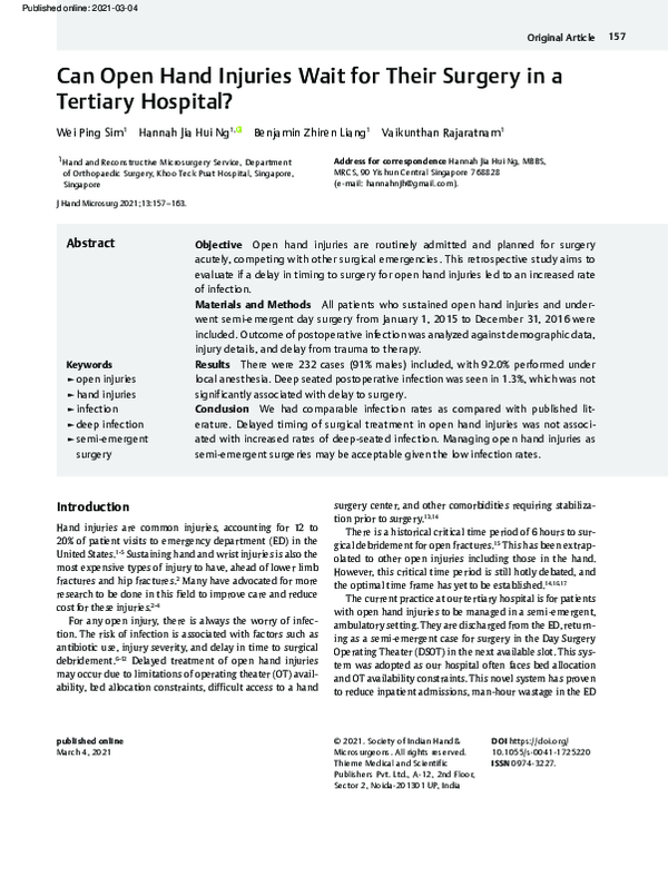 (PDF) Can Open Hand Injuries Wait for Their Surgery in a Tertiary Hospital?