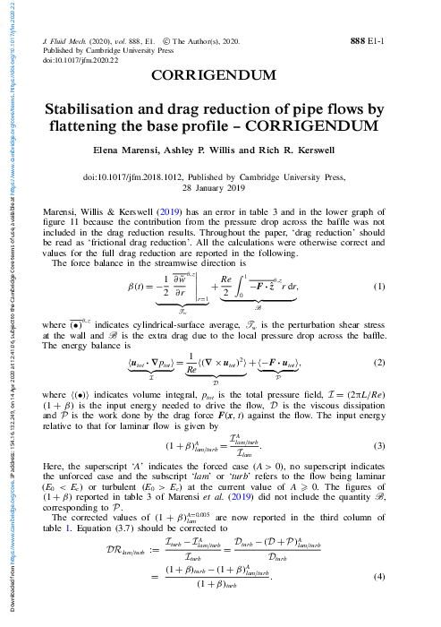 (PDF) Stabilisation and drag reduction of pipe flows by flattening the ...