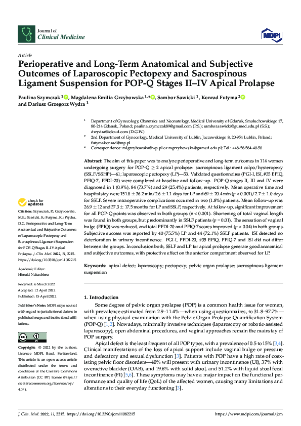 (PDF) Perioperative and Long-Term Anatomical and Subjective Outcomes of Laparoscopic Pectopexy ...