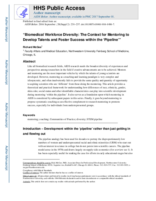 (PDF) “Biomedical Workforce Diversity: The Context for Mentoring to ...