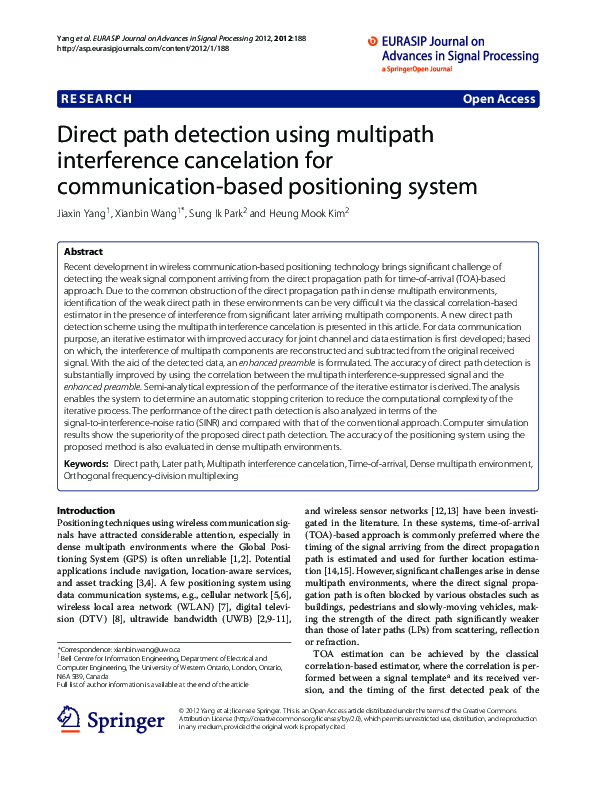 Pdf Direct Path Detection Using Multipath Interference Cancelation For Communication Based