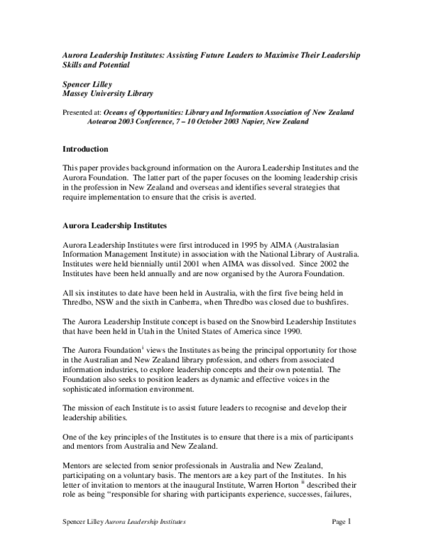 (PDF) Aurora Leadership Institutes: Assisting Future Leaders to ...