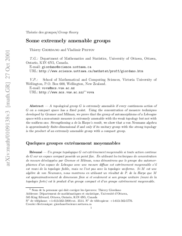 (PDF) Théorie des groupes/Group theory Some extremely amenable groups