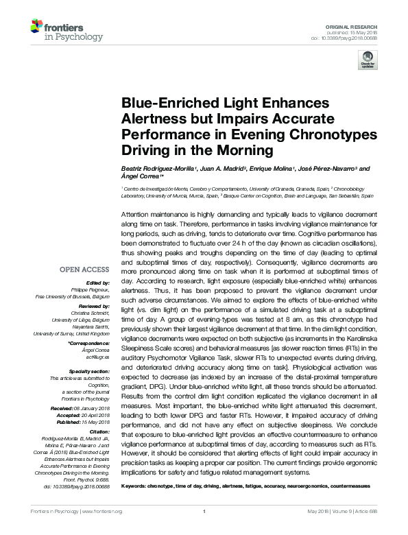 (PDF) Blue-Enriched Light Enhances Alertness but Impairs Accurate ...