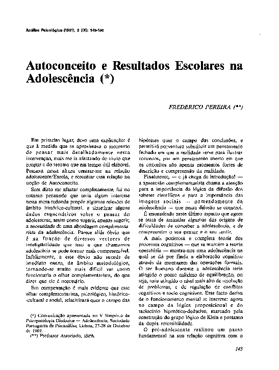 (PDF) Autoconceito e resultados escolares na adolescência