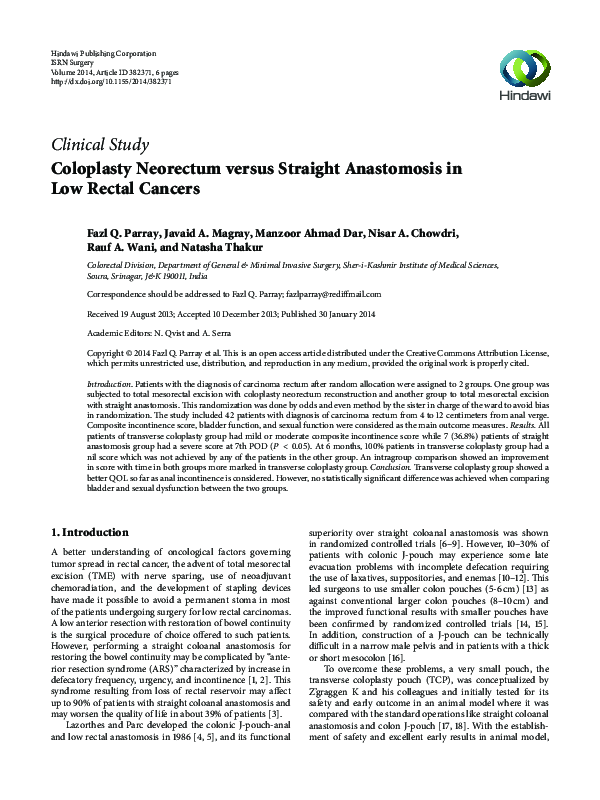 (PDF) Coloplasty Neorectum versus Straight Anastomosis in Low Rectal ...
