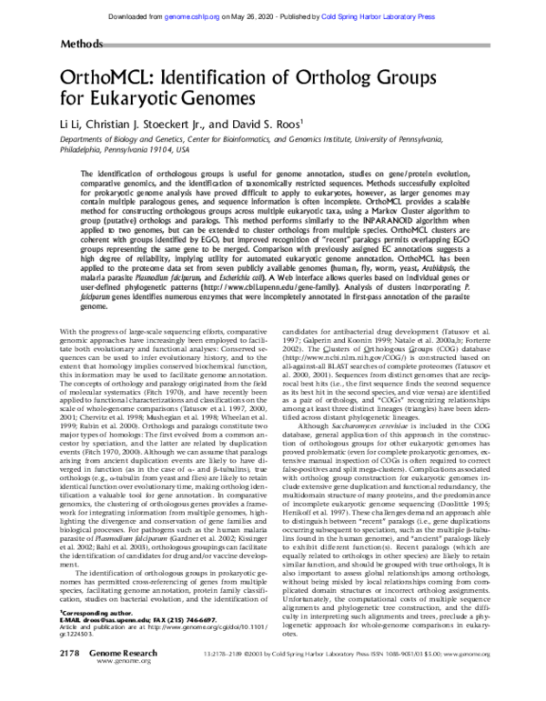 (PDF) OrthoMCL: Identification of Ortholog Groups for Eukaryotic Genomes