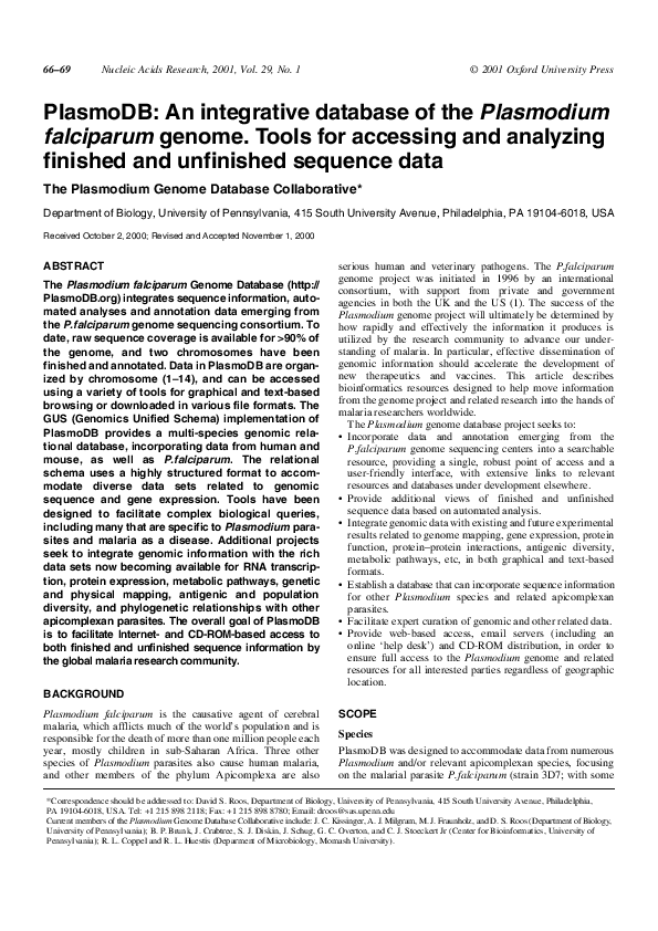 (PDF) PlasmoDB: An integrative database of the Plasmodium falciparum genome. Tools for accessing ...