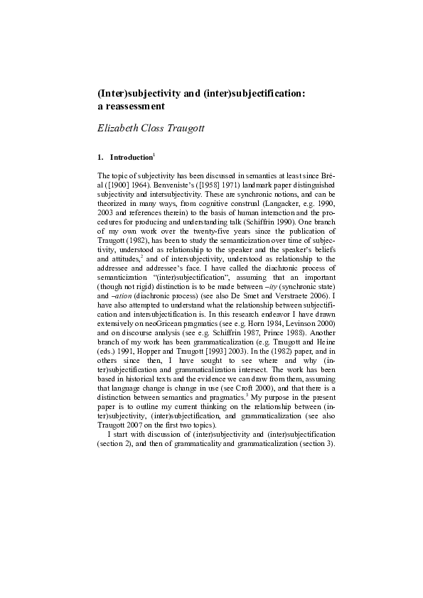 (PDF) (Inter)subjectivity and (inter)subjectification: a reassessment