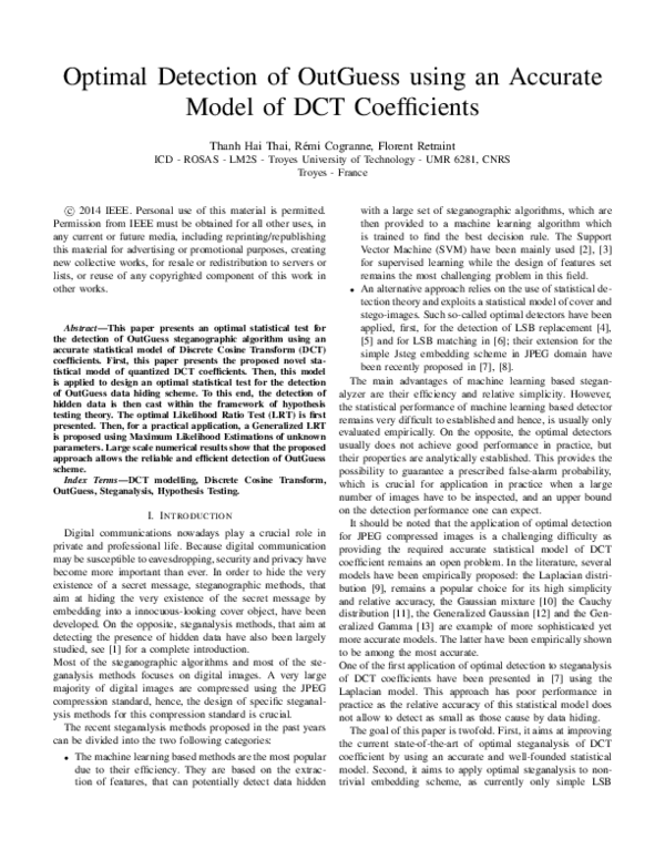 Pdf Optimal Detection Of Outguess Using An Accurate Model Of Dct