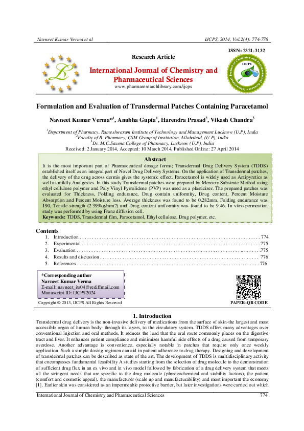 (PDF) Formulation and Evaluation of Transdermal Patches Containing Paracetamol