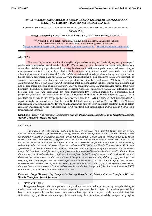 (PDF) Image Watermarking Berbasis Penginderaan Kompresif Menggunakan Spektral Tersebar Dan ...