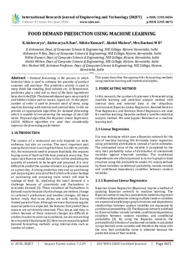 (PDF) Food Demand Prediction Using Machine Learning