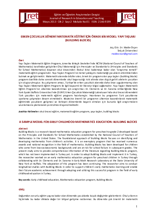 (PDF) Erken Çocukluk Dönemi̇ Matemati̇k Eği̇ti̇mi̇ İçi̇n Örnek Bi̇r ...