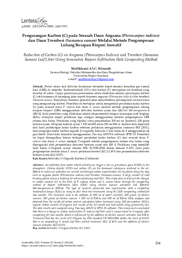 (PDF) Pengurangan Jejak Karbon (C) pada Serasah Daun Angsana ...