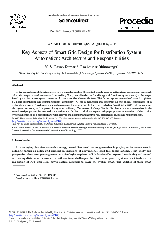 Pdf Key Aspects Of Smart Grid Design For Distribution System Automation Architecture And
