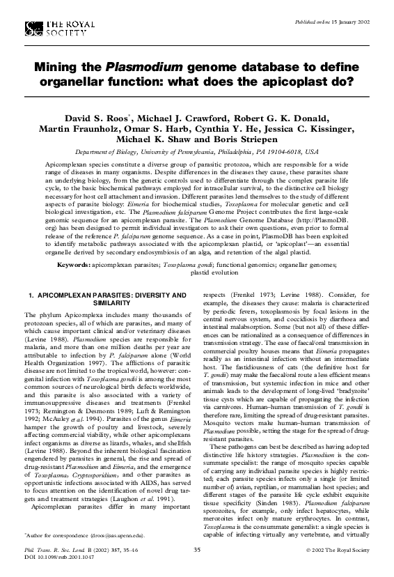 (PDF) Mining the Plasmodium genome database to define organellar function: what does the ...