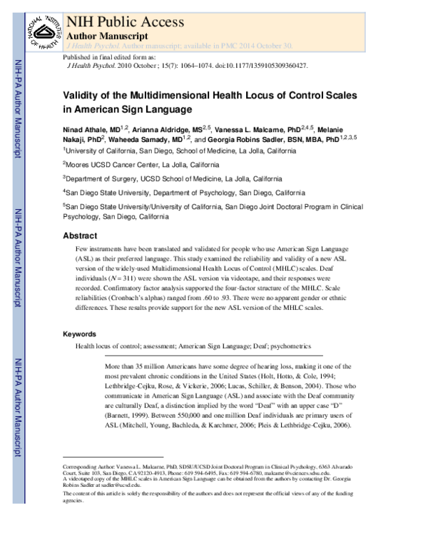 (PDF) Validity of the Multidimensional Health Locus of Control Scales ...