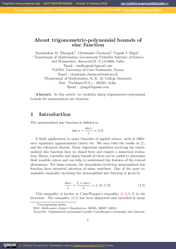 (PDF) About Trigonometric-polynomial Bounds of Sinc Function