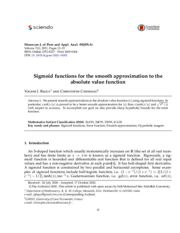 Pdf Sigmoid Functions For The Smooth Approximation To The Absolute Value Function Yogesh J