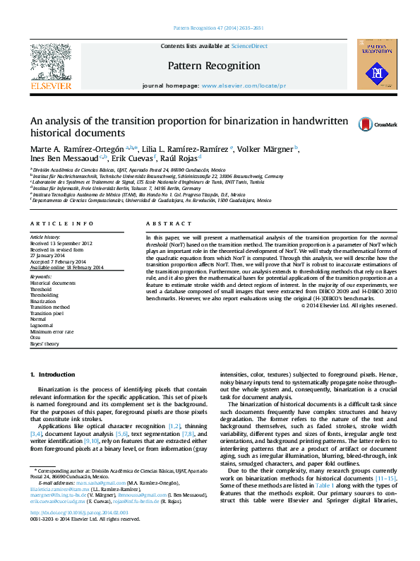 (PDF) An analysis of the transition proportion for binarization in handwritten historical documents