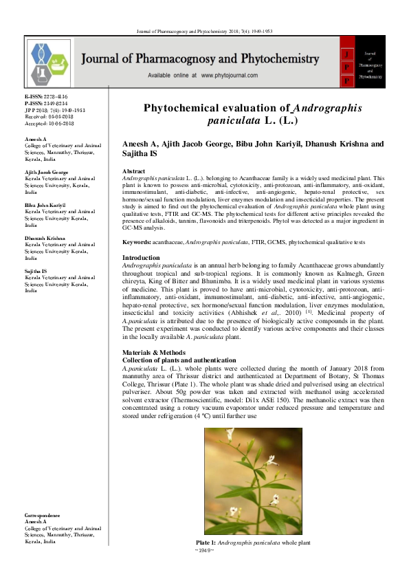 (PDF) Phytochemical evaluation of Andrographis paniculata L. (L.)