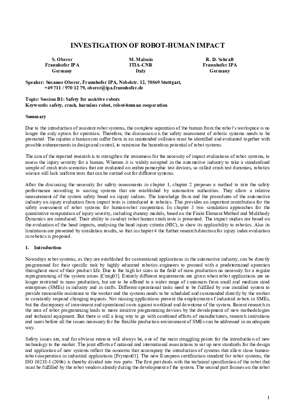 (PDF) Investigation of Robot-Human Impact