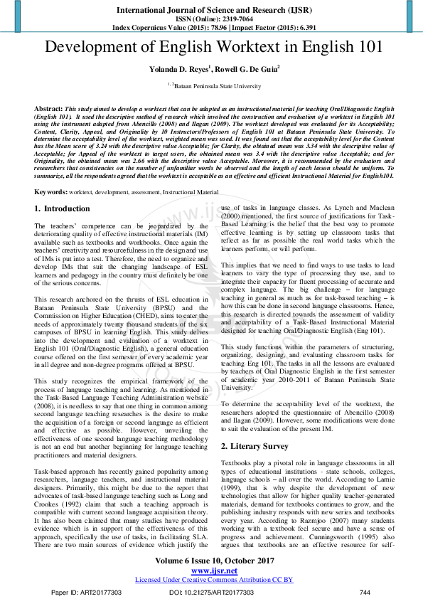 (PDF) Development of English Worktext in English 101