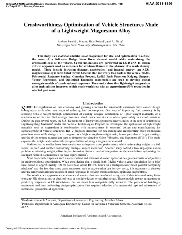(PDF) Crashworthiness optimization of vehicle structures made of a lightweight magnesium alloy