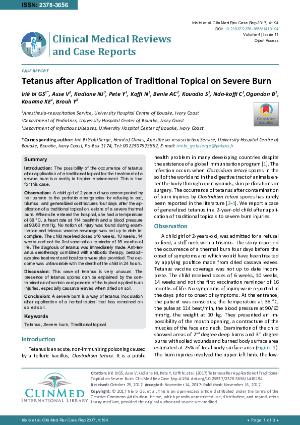 (PDF) Tetanus after Application of Traditional Topical on Severe Burn